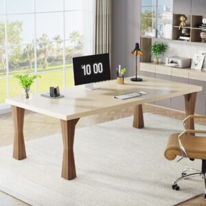 Tribesigns Executive Desk, 71" W x 35" D Large Office Desk, Modern Computer Desk Conference Table Meeting Room Table, Business Furniture for Home Office, Cream White and Walnut