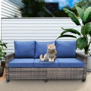 TARKARI All Weather Wicker Patio Couch, 3 Seats Patio Sofa with High Curvy Back, Premium Outdoor Sofa with Brown Wicker and Thick Cushions for Garden, Backyard, Porch, Blue