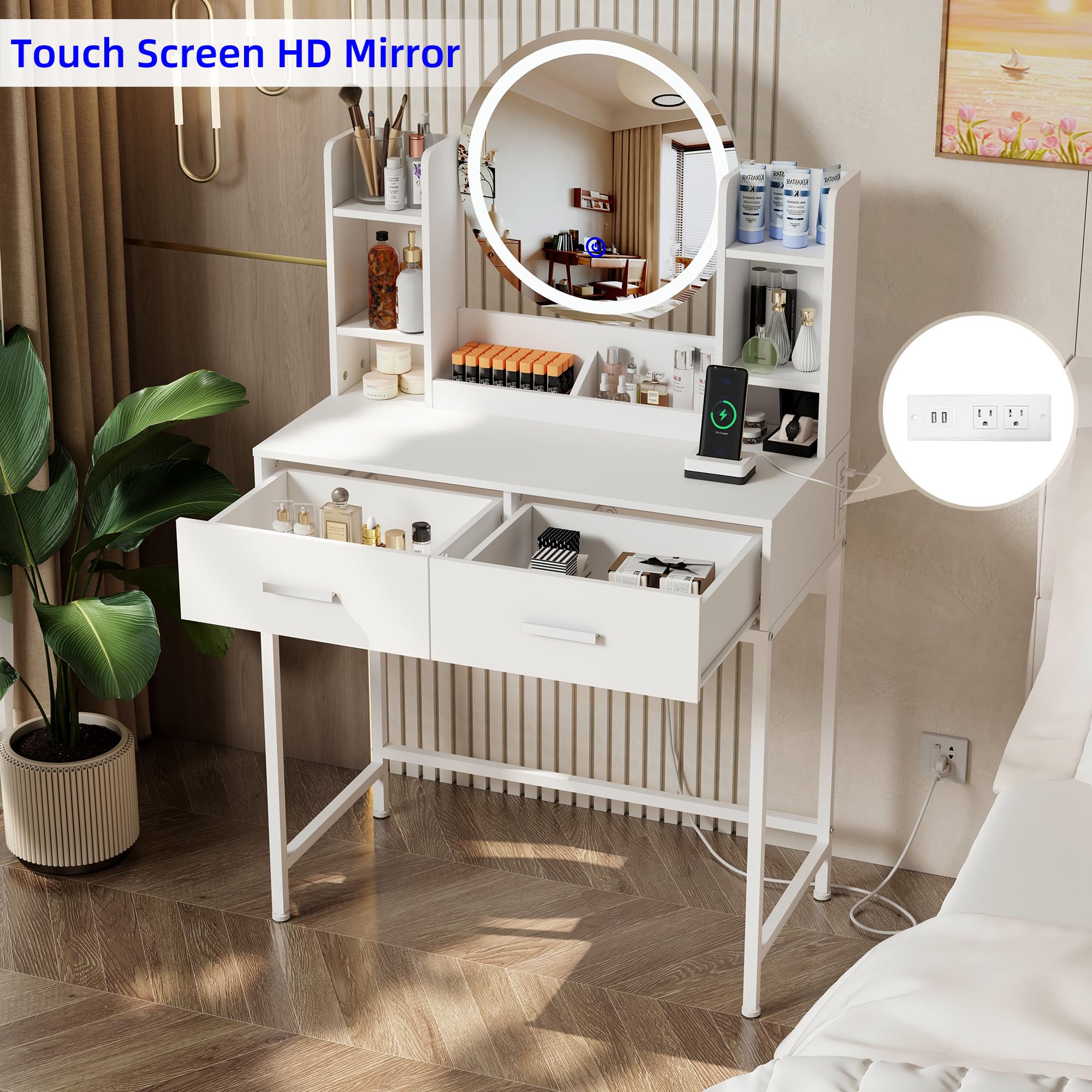 HDDDZSW Vanity Desk with Mirror and Lights, Make up Vanity Desk with Charging Station and 2 Drawers, Dressing Table with 3-Lighting-Modes Makeup Mirror, White Vanity Makeup Table for Bedroom