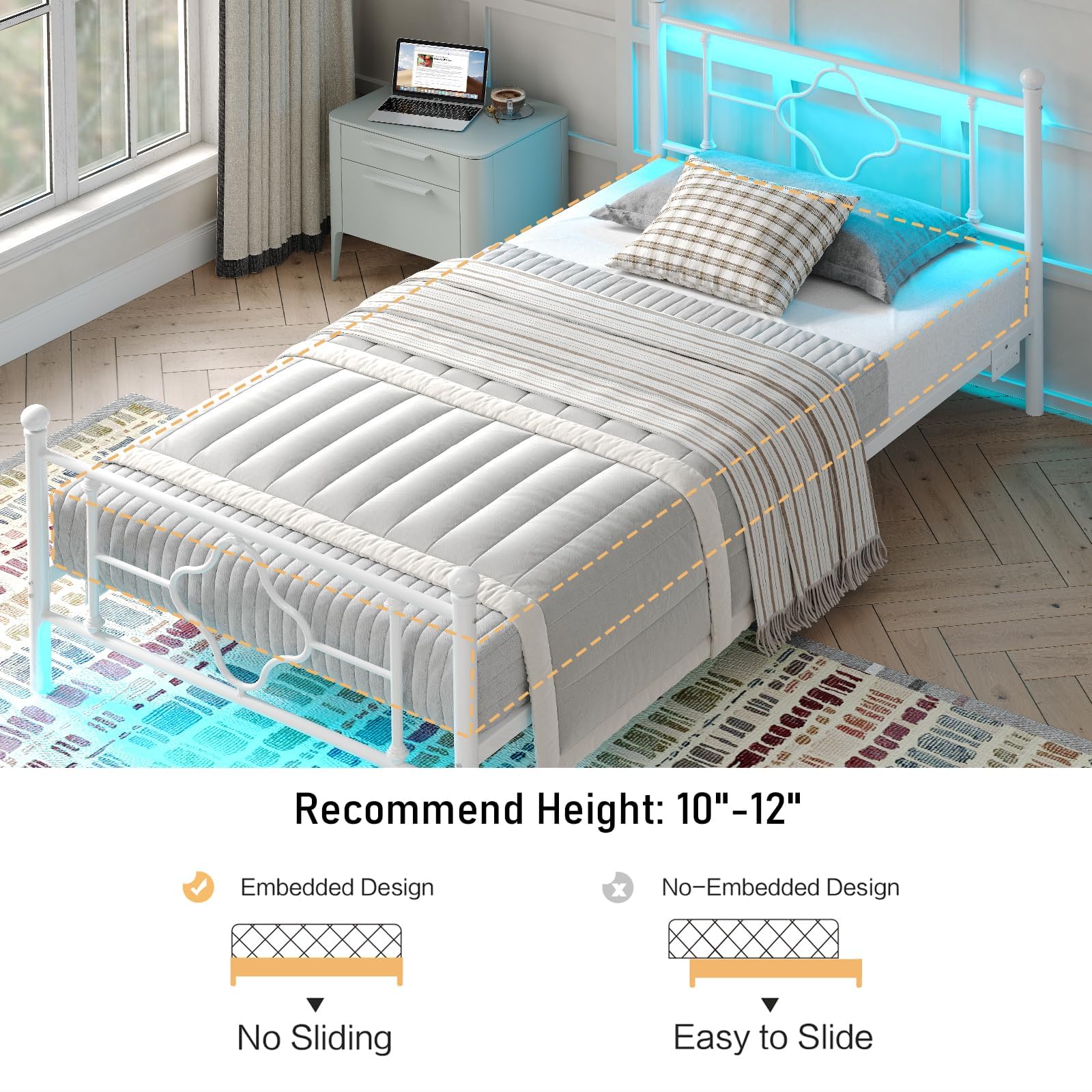 CollaredEagle Twin Size Bed Frame with Headboard and Footboard, Classic Metal Platform Bed Frame with Charging Station and LED Lights, Heavy Duty Slat Support Metal Bed Frame, No Noise, White