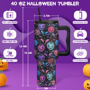 40 oz Halloween Tumbler with Handle, Wicked Pumpkin & Bat Tumblers with Lid and Straw, Double Walled Vacuum Coffee Travel Mug, Keep Cold for 30 Hours, Ideal Gift for Women Men (Black)