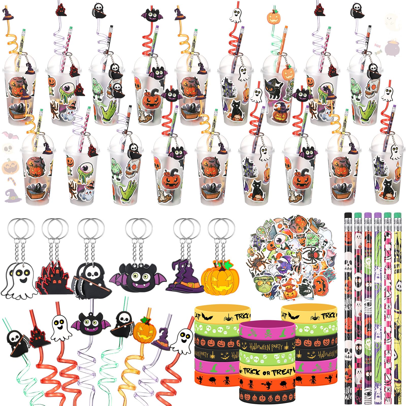 Seenelling 24 Set Halloween Party Favors Gift Cups Filler for Students, Halloween Goodie Bag Fillers, Halloween Treats Non Candy, Halloween Keychain Pencil Straw Silicone Bracelet for Classroom Gifts