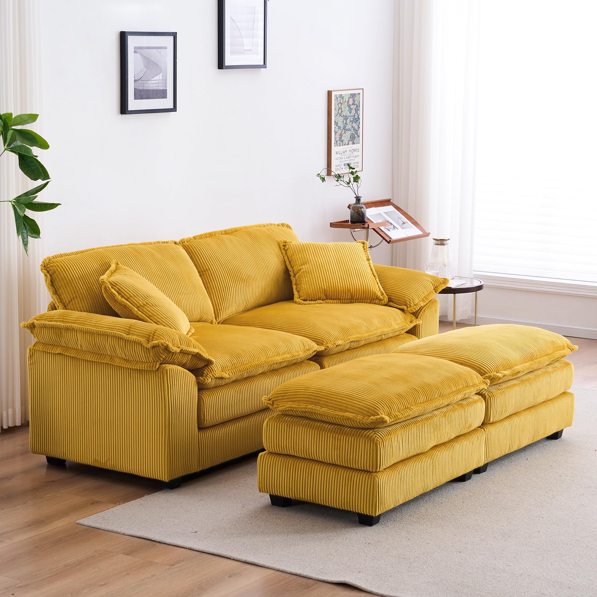 ZX Design 84.6" W Oversized Chaise Lounge Chair, deep seat sectional Sofa with Ottoman，Oversized sectional Sofa Cloud Couch, l Shaped Couch,Modern Corduroy Indoor Double Long Sofa(Yellow)