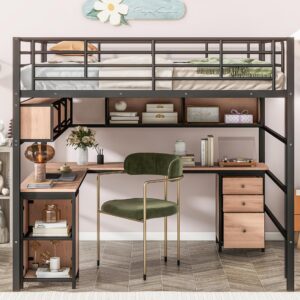 harper & bright designs full size metal loft bed with desk, bookcase and storage cabinet, modern heavy-duty steel frame, for kids teens adults (black)