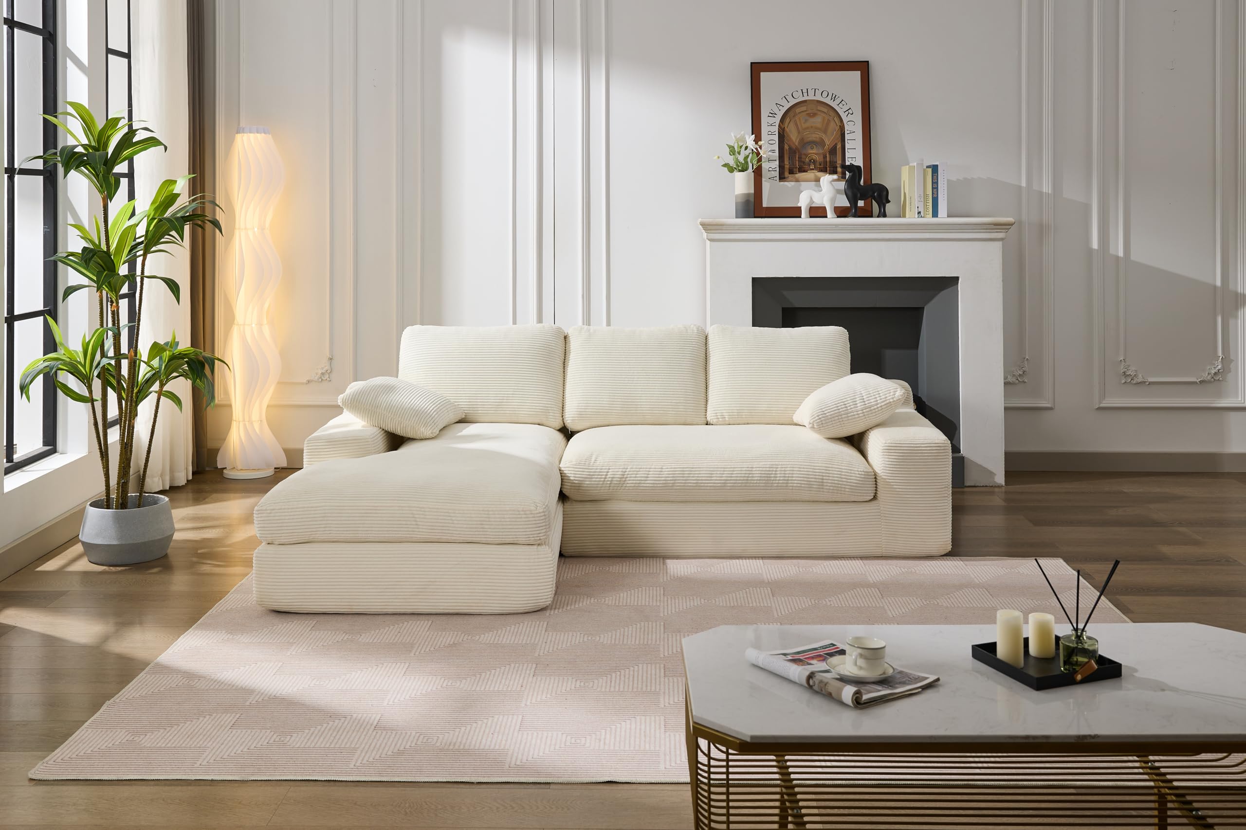 Oversized Modular Sectional Sofa Couch, No Assembly Required Sleeper Sofa, Corduroy Upholstered Cloud Couch, Convertible L Shaped Couch for Living Room, Free Combination (White)