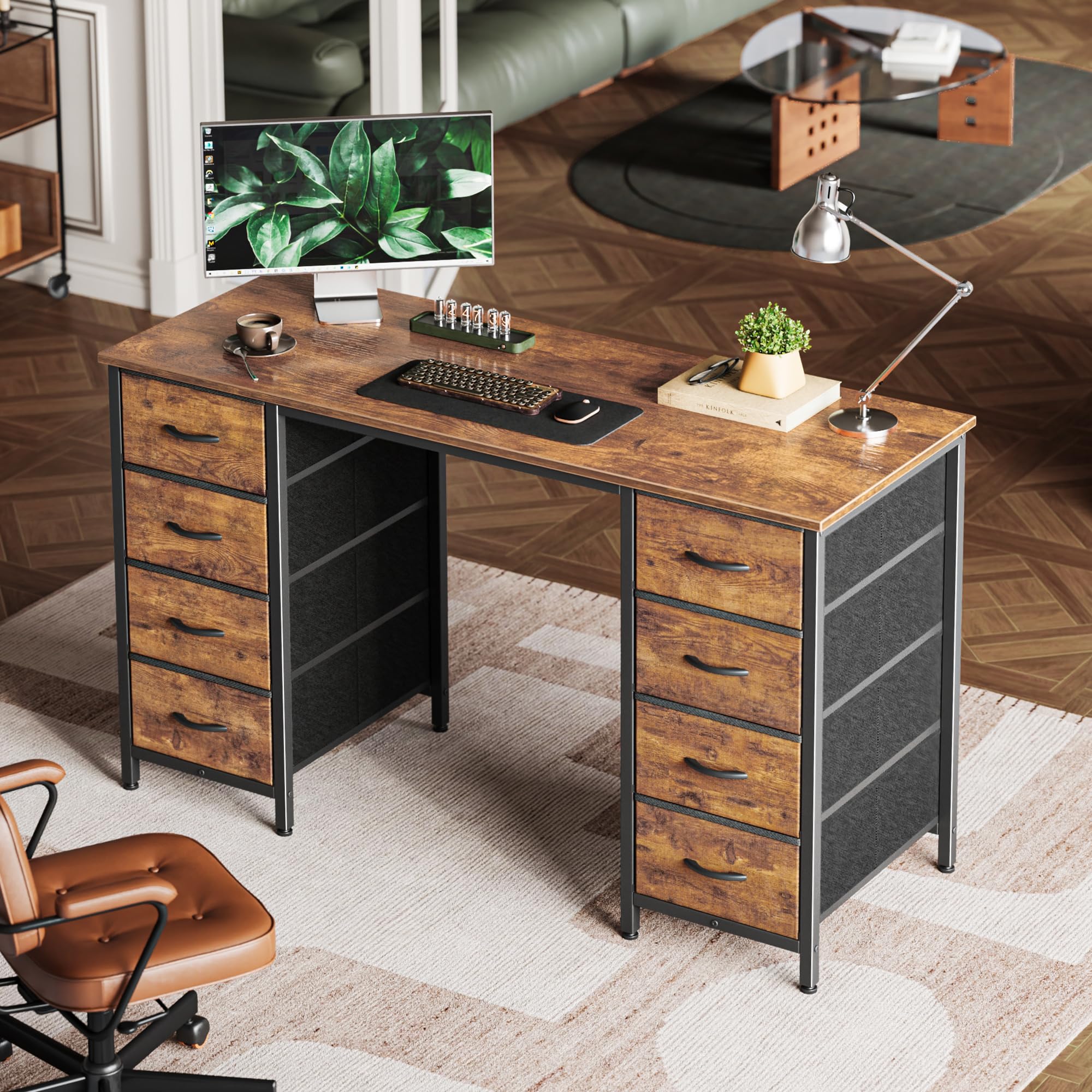 Huuger 47 Inch Computer Desk with 8 Drawers, Office Desk Work Desk for Home Office, Study, Gaming Desk with Fabric Drawers, Large Storage, Rustic Brown