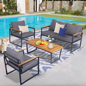 vistyle patio furniture set 4-piece outdoor metal patio conversation set modern table loveseat chair with soft thick washable cushions for garden backyard lawn porch (stainless steel)