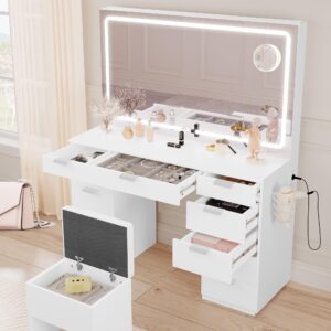 DWVO Dressing Vanity Desk with Spacious LED-Lit Mirror & Electrical Socket, 11-Drawer Cosmetic Makeup Table with Magnifier, 46'' Dressing Table with Organizing Stool for Bedroom, Ivory