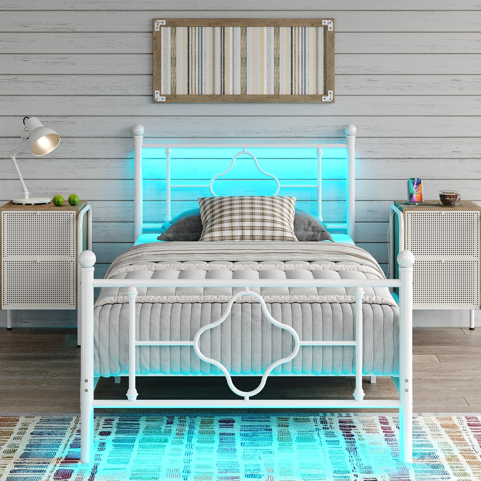 CollaredEagle Twin Size Bed Frame with Headboard and Footboard, Classic Metal Platform Bed Frame with Charging Station and LED Lights, Heavy Duty Slat Support Metal Bed Frame, No Noise, White