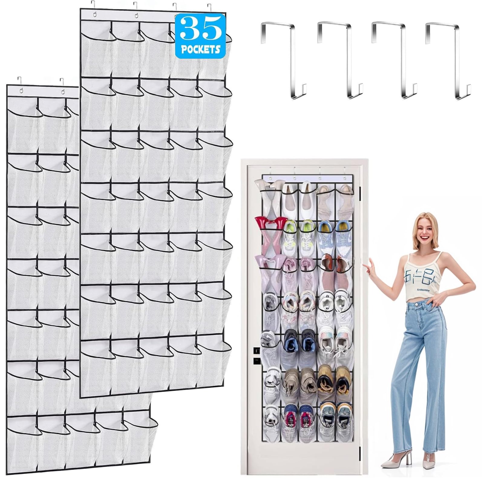 2Pcs Over the Door Shoe Organizer with 35 Large Clear Mesh Pockets, Sturdy Oxford Cloth Hanging Shoe Rack, for Entryway Bedroom Bathroom Pantry Shoe Storage