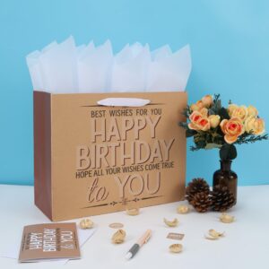 13” Large Brown Happy Birthday Gift Bag Set with Handles, Greeting Card, Tissue Papers and Stickers for Men Boys Women Girls, Text Design, 1 Pcs