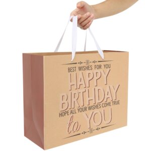 13” Large Brown Happy Birthday Gift Bag Set with Handles, Greeting Card, Tissue Papers and Stickers for Men Boys Women Girls, Text Design, 1 Pcs