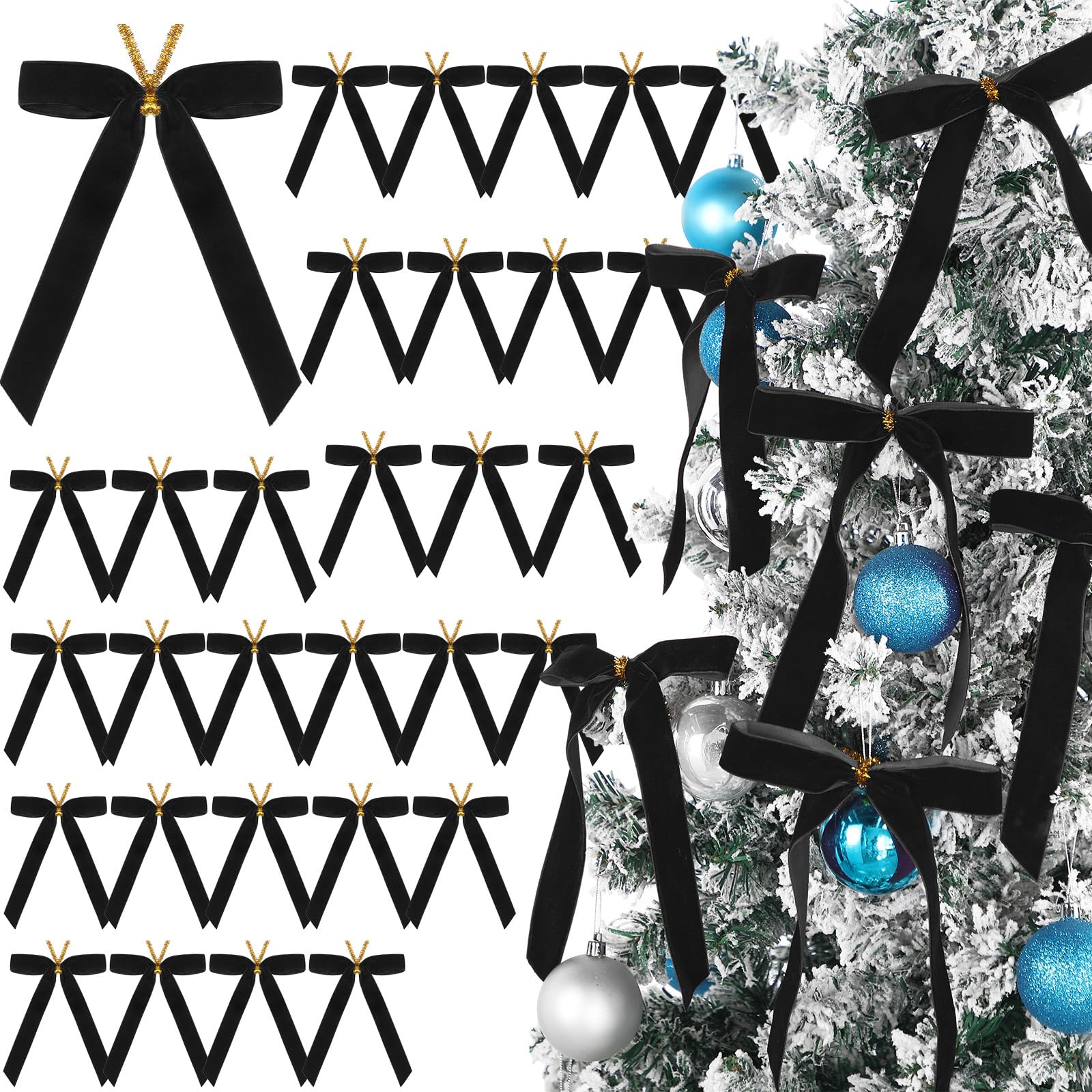 Riceshoot 30 Pcs 6 x 8 Inches Velvet Christmas Bow, Rustic Crafts Gift Bows for Christmas Tree, Christmas Garland, Large Gifts, Parties, Indoor or Outdoor Christmas Decorations(Black)