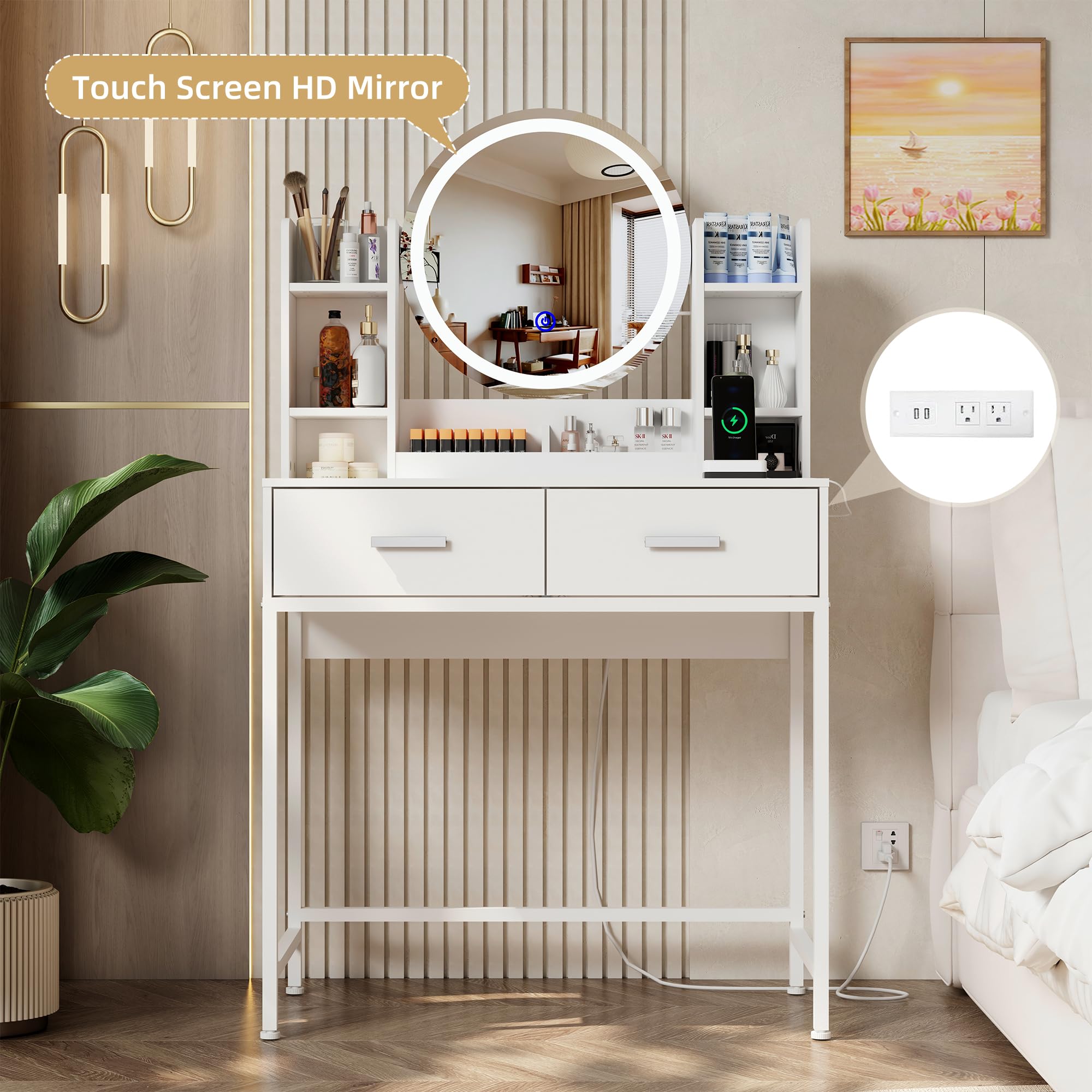 HDDDZSW Vanity Desk with Mirror and Lights, Make up Vanity Desk with Charging Station and 2 Drawers, Dressing Table with 3-Lighting-Modes Makeup Mirror, White Vanity Makeup Table for Bedroom