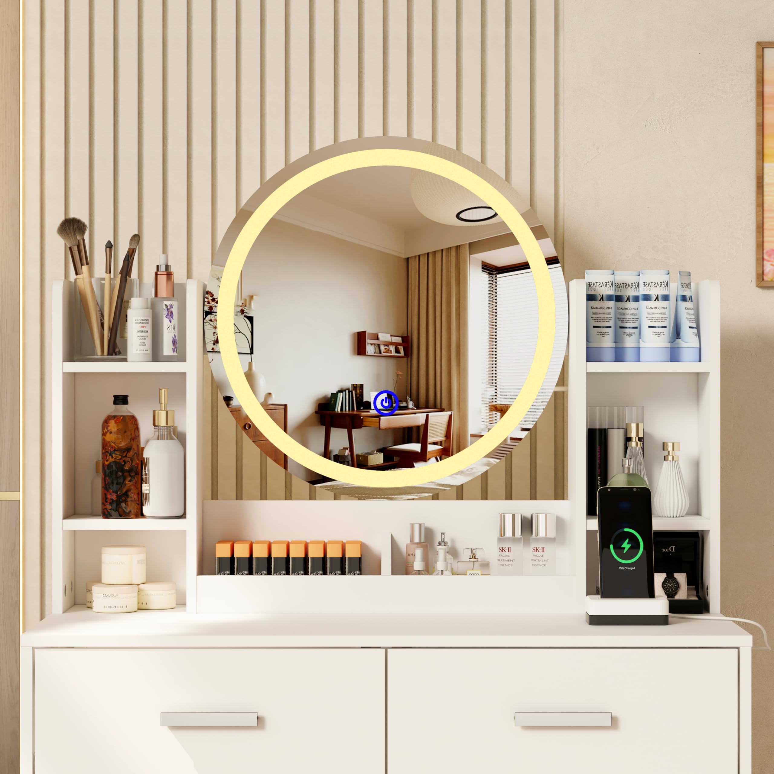 HDDDZSW Vanity Desk with Mirror and Lights, Make up Vanity Desk with Charging Station and 2 Drawers, Dressing Table with 3-Lighting-Modes Makeup Mirror, White Vanity Makeup Table for Bedroom