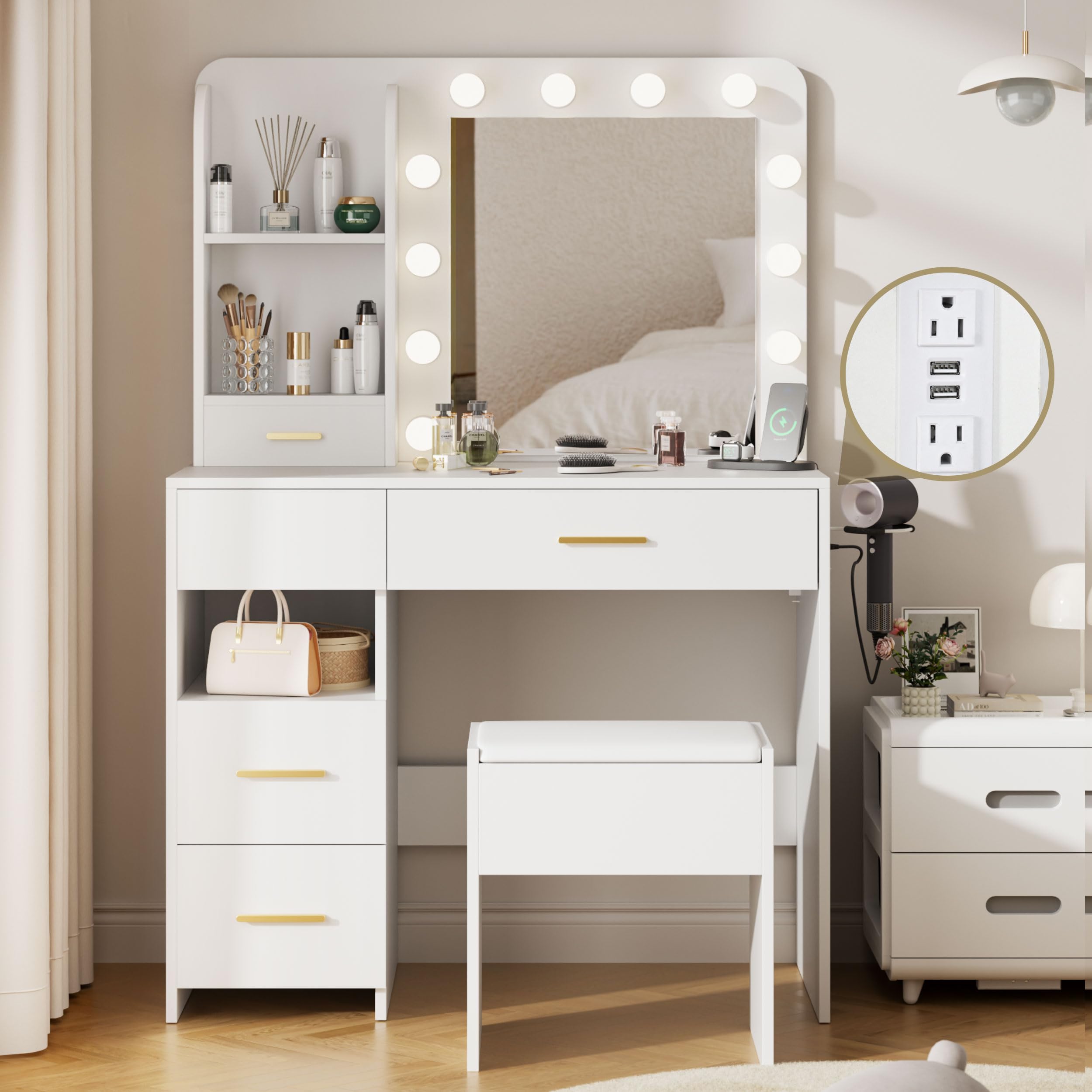 Furnivado Vanity Desk with LED Lighted Mirror, 3 Adjustable Lighting Makeup Vanity Desk with 3 Storage Shelves, 5 Large Drawers and Storage Stool, Vanity with Power Outlet for Bedroom, White