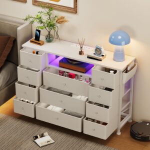 WODRAWER White Dresser with Power Outlets and LED Lights, Dresser for Bedroom with 11 Drawers, Dressers & Chests of Drawers with Side Pockets, Fabric Storage Organizer