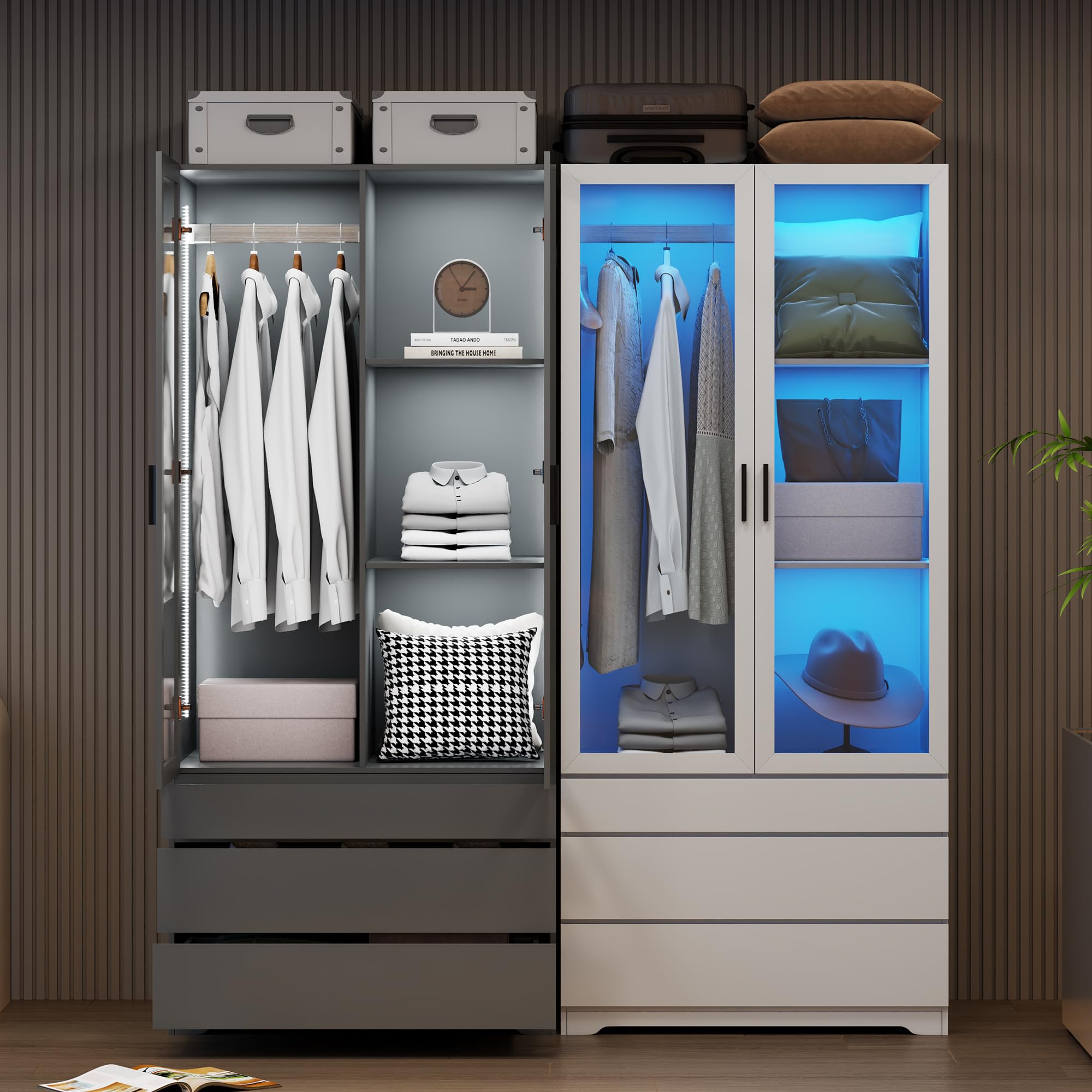 Vlsrka LED Armoire Wardrobe Closet Cabinet with 3 Drawers, 2 Doors Bedroom Storage Wardrobe with Lights, Adjustable Shelves, Hanging Rod, Modern Design, Grey - 70"