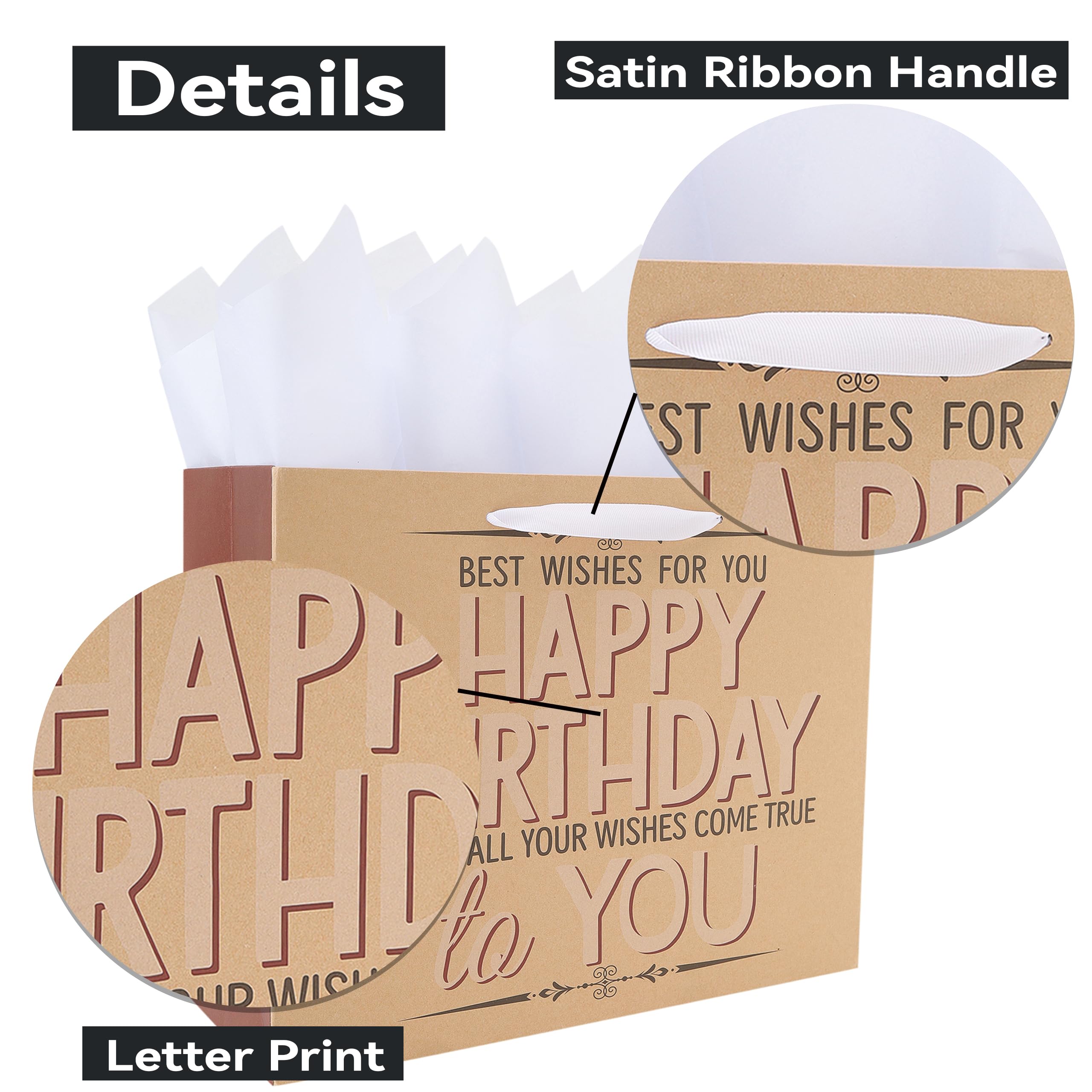 13” Large Brown Happy Birthday Gift Bag Set with Handles, Greeting Card, Tissue Papers and Stickers for Men Boys Women Girls, Text Design, 1 Pcs