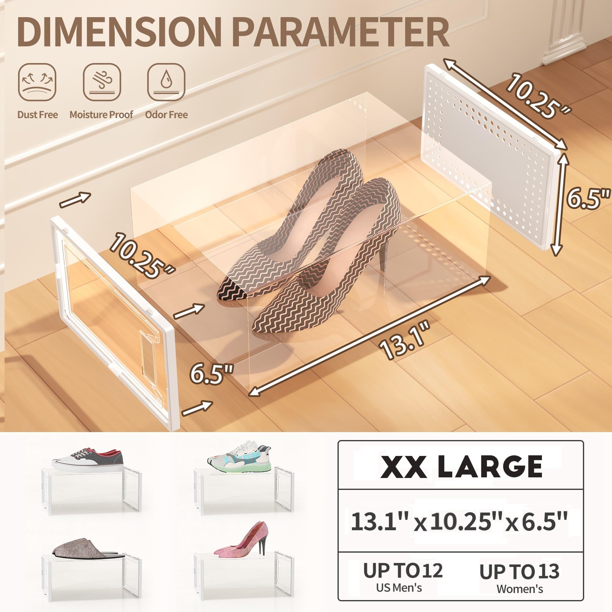 12 Pack XX Large Shoe Organizer Storage Boxes for Closet, Modular Space Saving Shoe Boxes Clear Plastic Stackable Sneaker Containers Display Case with Lids, White