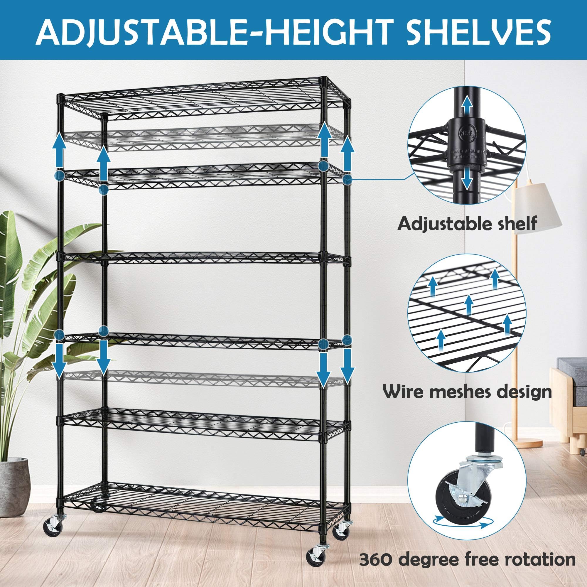 6 Tier Storage Shelves, 18" D x 48" W x 82" H Wire Rack Shelving, Shelving Units, Height Adjustable, Metal Storage Shelves, Wire Shelving, Shelving Units and Storage for Kitchen Garage Warehouse