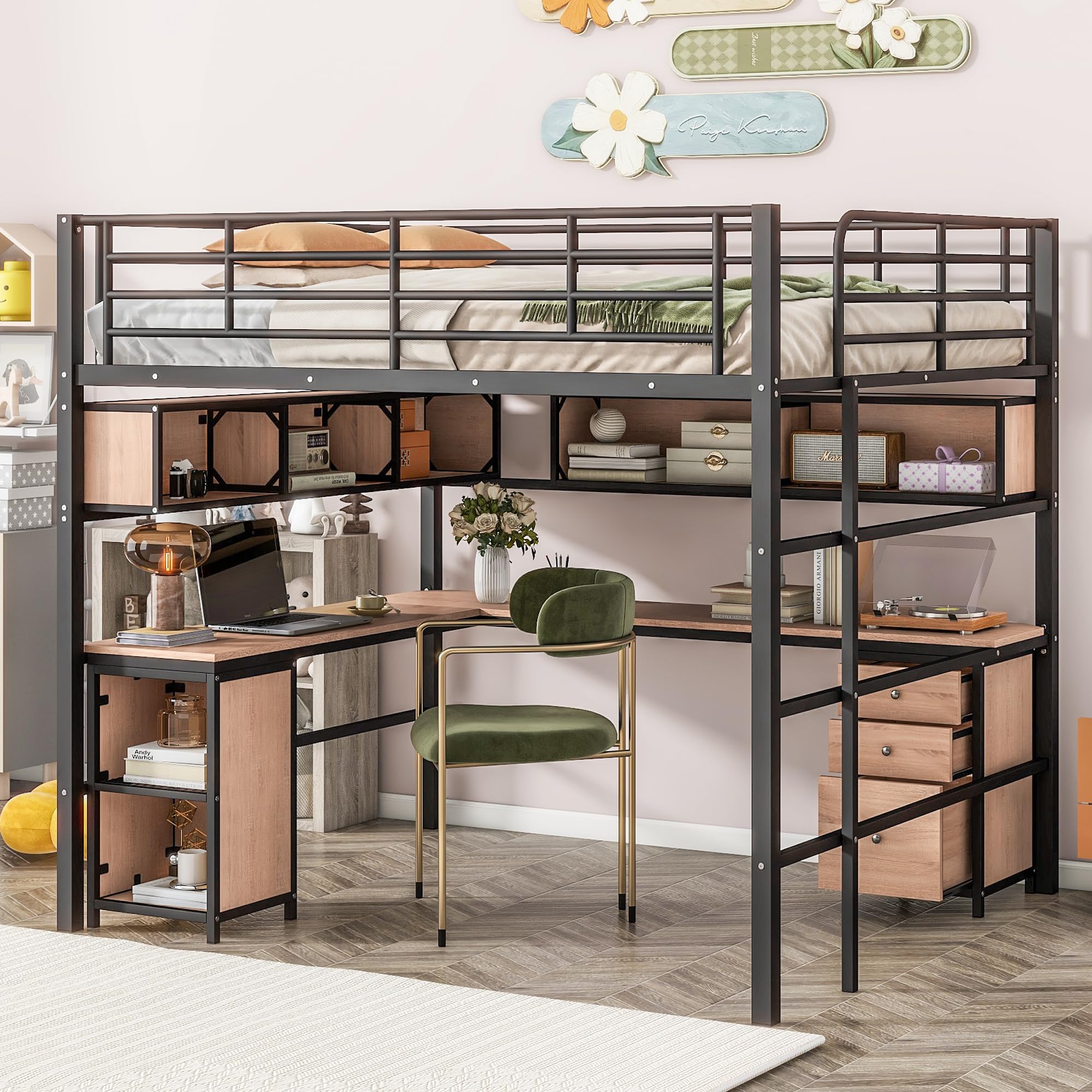 Harper & Bright Designs Full Size Metal Loft Bed with Desk, Bookcase and Storage Cabinet, Modern Heavy-Duty Steel Frame, for Kids Teens Adults (Black)