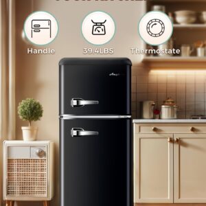 Anypro 3.2 Cu.Ft Compact Refrigerator Mini Fridge with Freezer, Retro Double Door Small Fridge with Freezer, 7 Level Thermostat & Removable Shelves, Small Refrigerator for Dorm, Office, Bedroom, Black