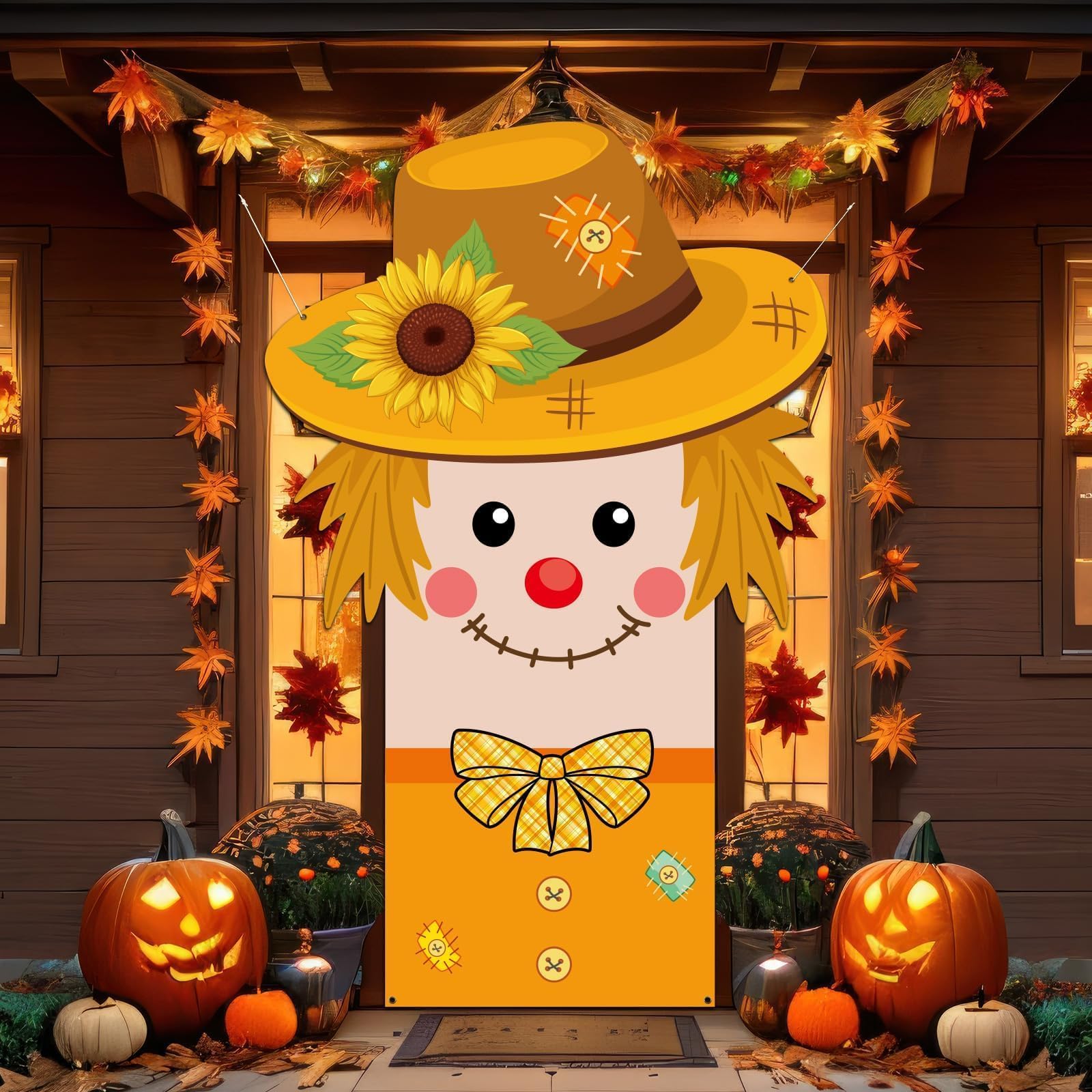 Thanksgiving Door Cover Fall Scarecrow Shape Door Decorations Harvest Autumn Door Backdrop Sunflower Scarecrow Banner Backdrop for Autumn Home Decor Fall Photo Booth Props