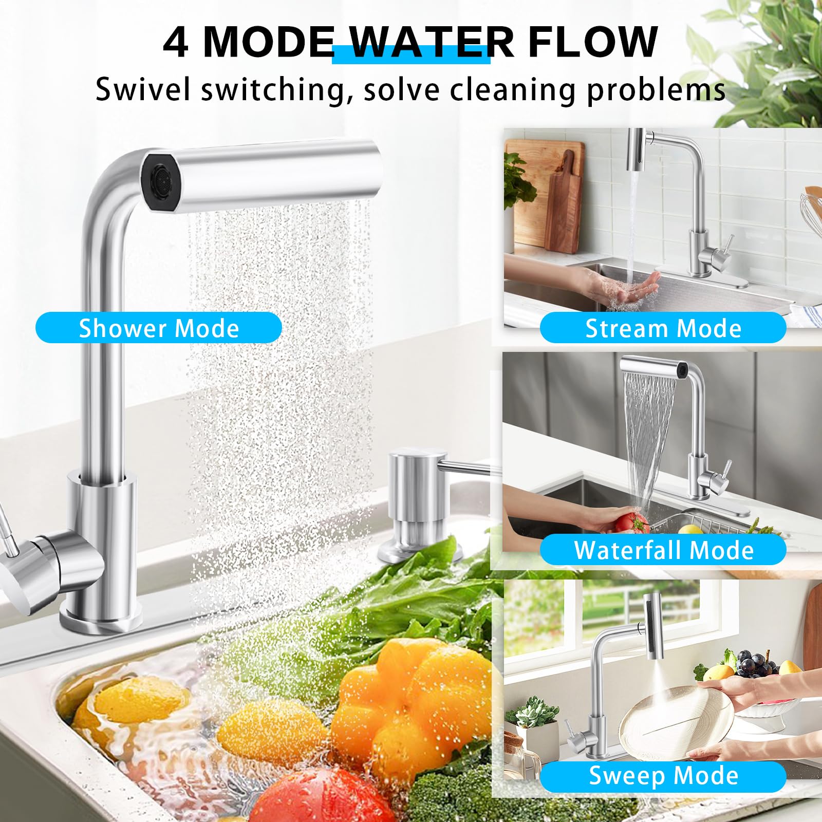 Kitchen Faucets with 4 Modes Pull Down Sprayer, Kitchen Sink Faucet with Soap Dispenser, Stainless Steel Modern Waterfall Faucet for Kitchen Sink, Bar, Laundry, Rv (3/8-Inch Hose)