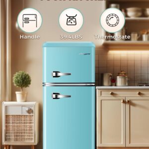 Anypro 3.2 Cu.Ft Compact Refrigerator Mini Fridge with Freezer, Retro Double Door Small Fridge with Freezer, 7 Level Thermostat & Removable Shelves, Small Refrigerator for Dorm, Office, Bedroom, Blue