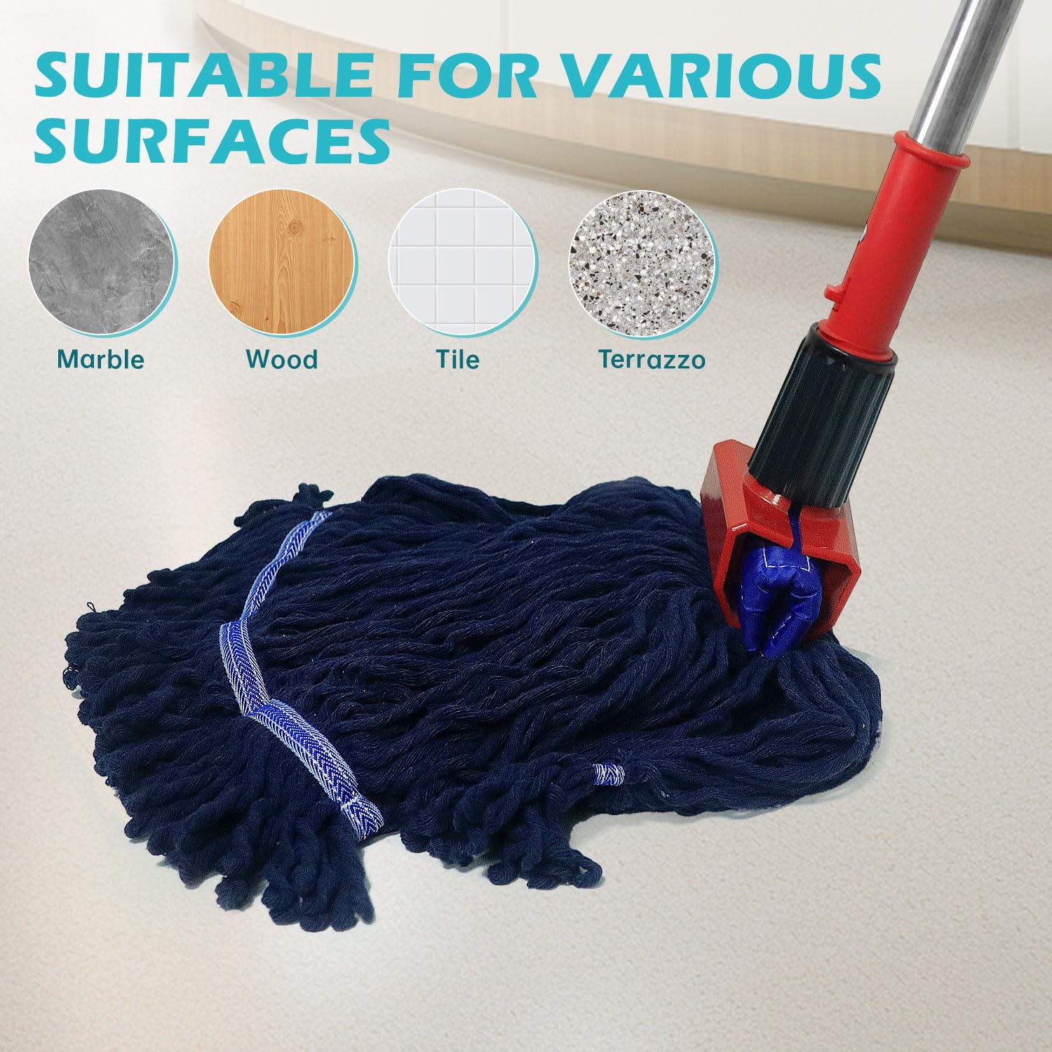 3 Pack Heavy Duty Commercial Mop Head Replacement for Floor Cleaning, Wet Industrial Cotton Looped End String Cleaning Mop Head Refill for Home/Industrial/Commercial Cleaning (Blue)