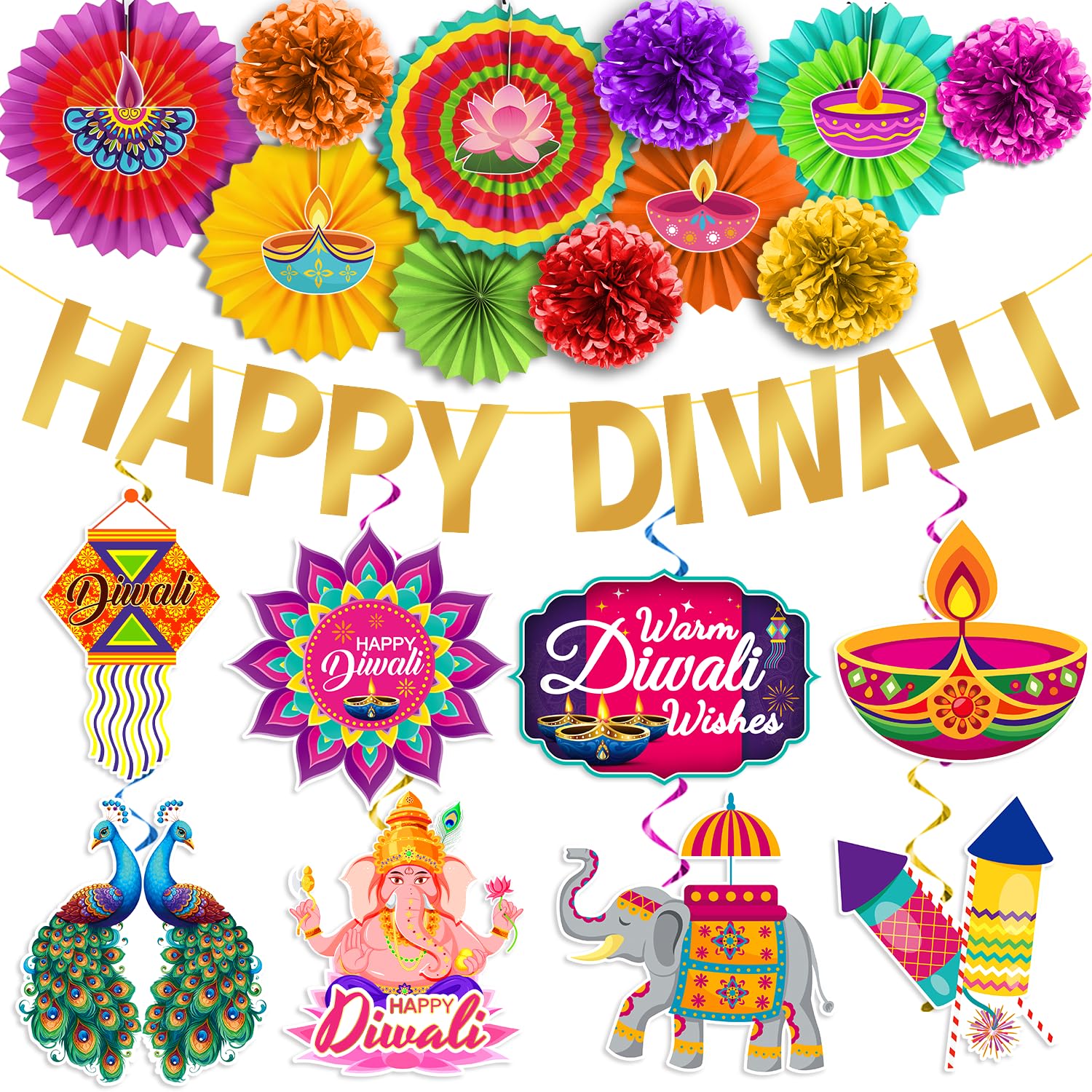 Diwali Decorations Happy Diwali Banner for Home Hanging Paper Fan with Swirls Indian Themed Party Supplies Festival of Lights Party Decor