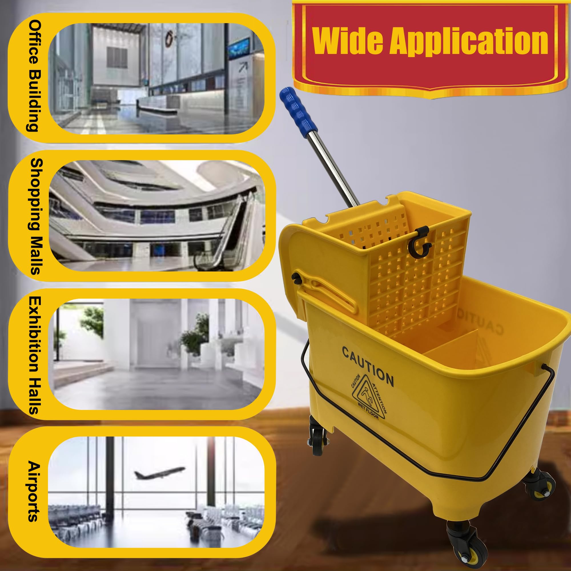 HQHAOTWU Mop Bucket Thickened Plastic Extrusion Water Bucket 20L Commercial Mop Extrusion Water Bucket Yellow Wastewater Separation Draining Bucket with Universal Castors Handle Drainage Outlet