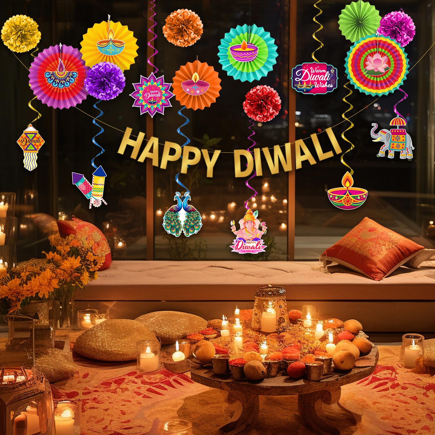 Diwali Decorations Happy Diwali Banner for Home Hanging Paper Fan with Swirls Indian Themed Party Supplies Festival of Lights Party Decor