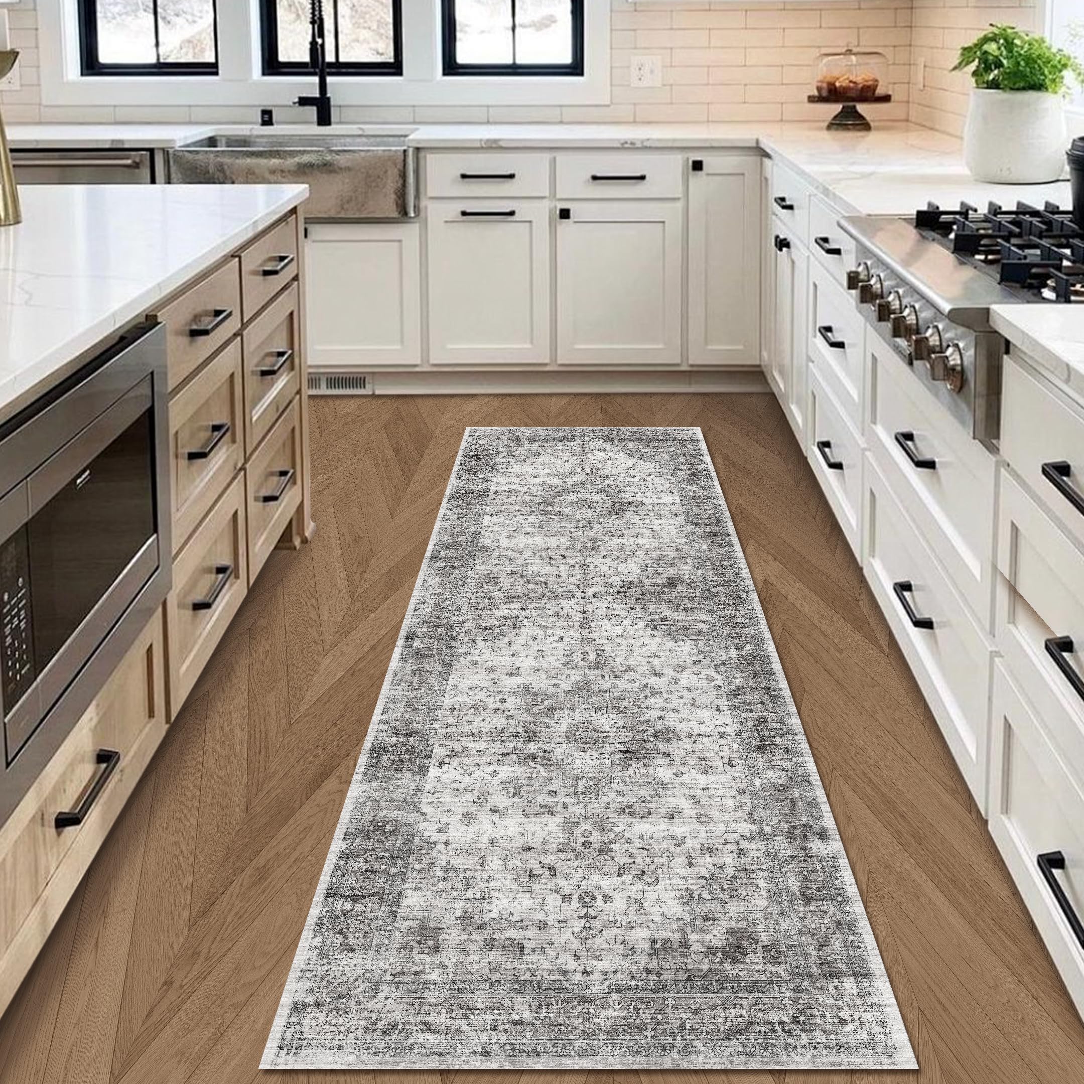 Hallway Runner Rug Washable Carpet: 2x6 Non Slip Vintage Rug with Rubber Backing Long Floor Mat for Kitchen Laundry Entryway Bathroom (Grey, 2'x6')