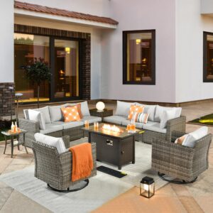 ovios Outdoor 11 Piece Patio Furniture Set with Fire Pit Table,Conversation Sectional Wicker Couch with Swivel Chairs,Modern Outside Sofa for Balcony Backyard (Grey)