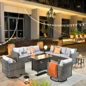 ovios outdoor 11 piece patio furniture set with fire pit table,conversation sectional wicker couch with swivel chairs,modern outside sofa for balcony backyard (grey)