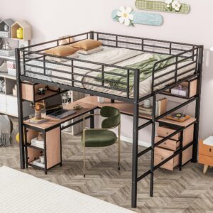 Harper & Bright Designs Full Size Metal Loft Bed with Desk, Bookcase and Storage Cabinet, Modern Heavy-Duty Steel Frame, for Kids Teens Adults (Black)