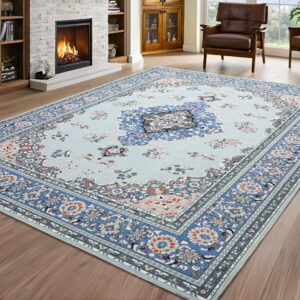 tepook large 6x9 area rugs for living room, indoor machine washable rugs floor carpet for bedroom, low pile non slip vintage rugs for dining room kitchen office table home decor, blue/grey