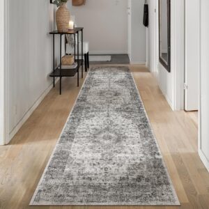 Hallway Runner Rug Washable Carpet: 2x6 Non Slip Vintage Rug with Rubber Backing Long Floor Mat for Kitchen Laundry Entryway Bathroom (Grey, 2'x6')