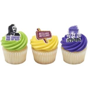 decopac beetlejuice rings, cupcake decorations featuring beetlejuice & lydia, cupcake toppers for cakes, cupcakes, treats - 24 pack