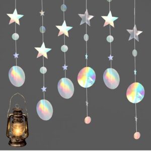 giantree 65ft iridescent star circle dot shiny garlands, 5pcs hanging and twinkle little star circle dot streamer bunting banner for wedding birthday graduation christmas party decor(star circle dot)