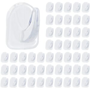 50 pcs traceless clear plastic adhesive hooks no damage transparent reusable seamless hooks sticky hangers with non marking sticker for kitchen bathroom bedroom office wall（3*2.4cm/1.18*0.94inches）