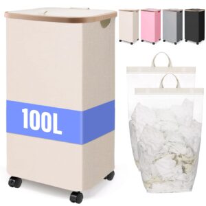 100l laundry hamper with wheels,large collapsible rolling laundry basket,dirty clothes hamper with lid in laundry room bedroom bathroom college dorm for adults,beige