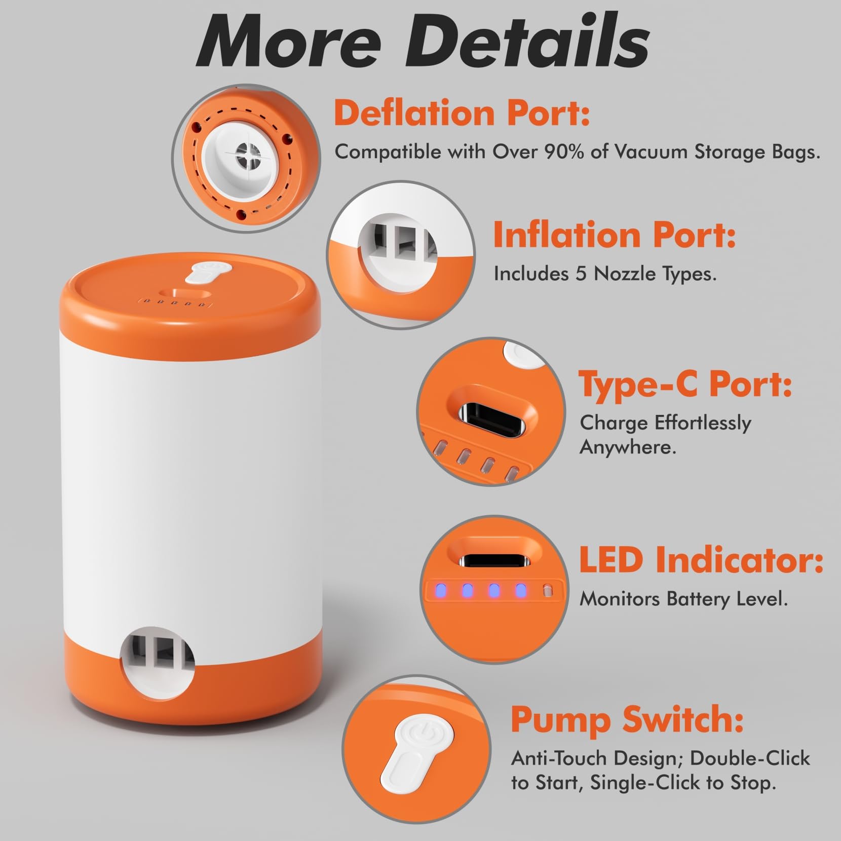 Air Pump For Inflatables,Portable Inflator and Deflator Pump for Air Mattresses, Inflatables, and Vacuum Bags, Battery Powered, Rechargeable Mini Air Pump with USB Charging,1500 mah battery