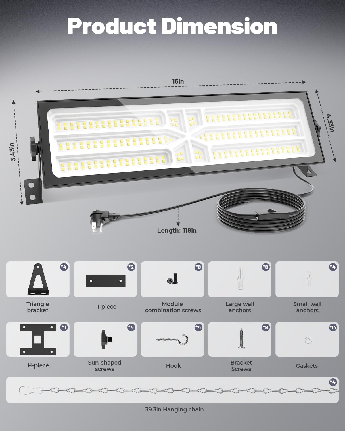 AGranTOP 2 Pack Linkable LED Shop Light - 100W 15000LM Aluminum Plug in Garage Light w/ 9.84ft Power Cord and On/Off Switch, 6500K Shop Lights for Garage, Workshop, Warehouse