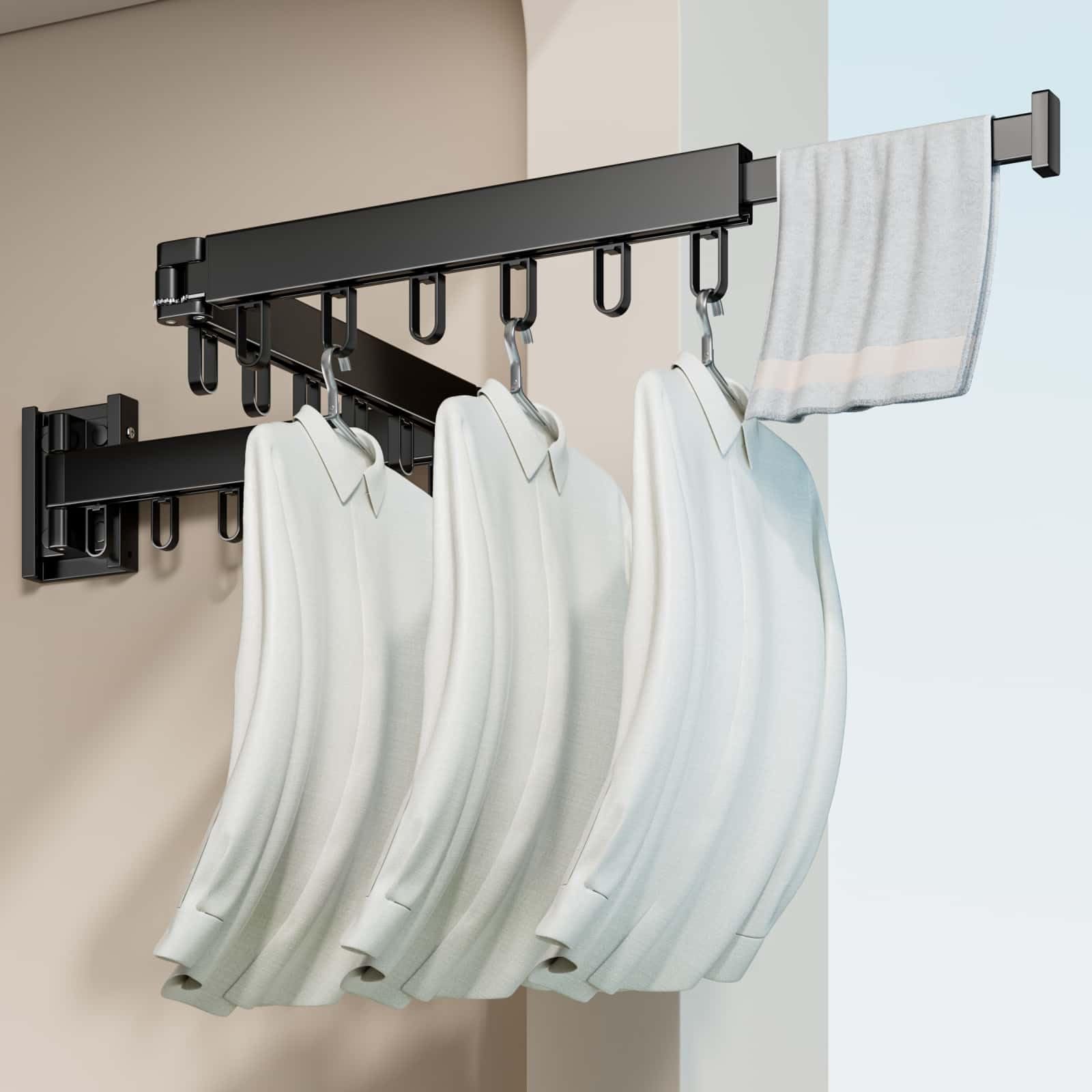 Huilefu Wall Mounted Clothes Drying Rack Upgrade and Thicken Aviation Aluminum,Collapsible,Foldable Space Saving Laundry Hanger - Trifold Expandable,Retractable Heavy Duty Clothing Rack