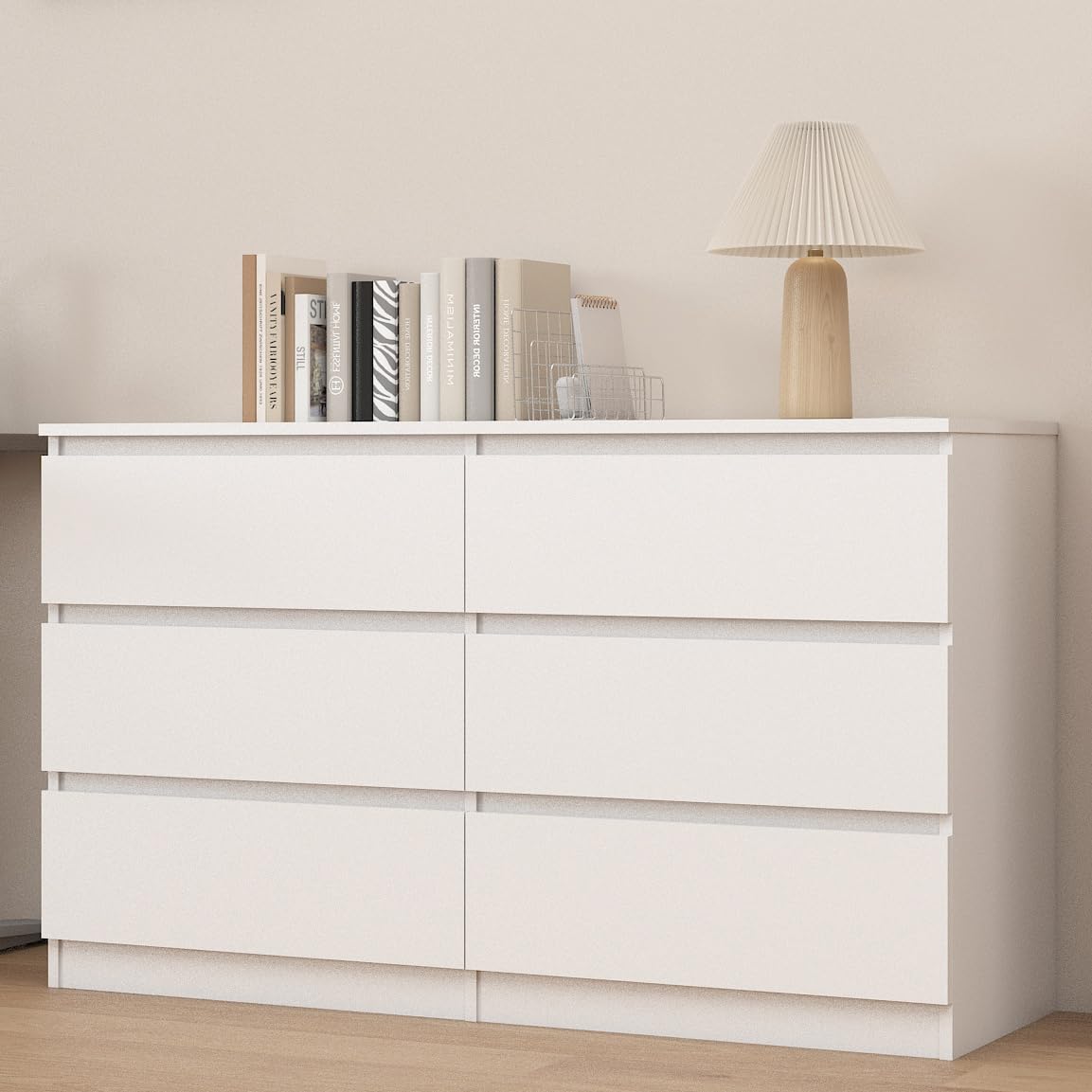 NoeBanJe 47" inch Dresser Sturdy Frame Modern Bedroom Furniture with 6 Drawers Large Capacity Storage Cabinet, Wooden Chest of Drawers for Bedroom, Hallway, Living Room, Entryway (White)