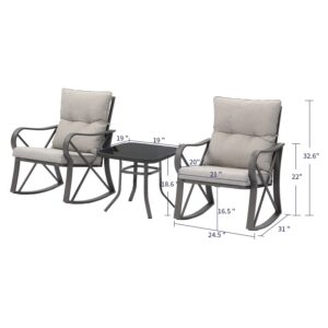 SUNBURY Outdoor 3-Piece Rocking Bistro Set, Modern Patio Furniture Set w Warm Gray Cushion, Glass Coffee Table, Small Rocker Conversation Set Patio Table and Chairs Set for Garden, Backyard