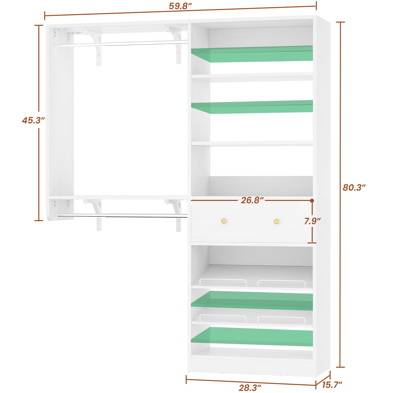 Closet System with Drawer - Reversible 5FT Wood Closet Organizer System with 2 Hanging Rods and Adjustable Shelf, Walk In Closet Organizers with Shoe Rack, Built-In Garment Rack Clothes Rack, White